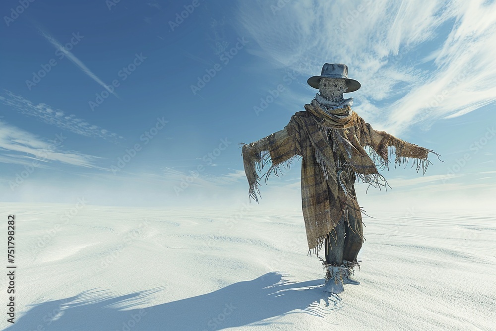 3D render of a scarecrow its clothes whipping in the icy wind standing ...