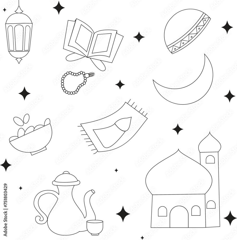Set of islamic doodles, ramadan clip art for prints, stickers, coloring ...