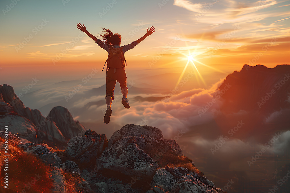 Successful woman joy when reaches to her objective. Woman jump on top ...