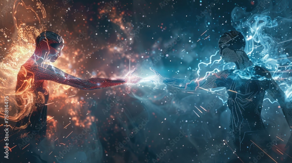 futuristic scene where two AI avatars in a virtual space reach out to ...
