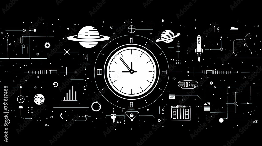 clock and time icons or logos ,black background showing universe is a ...