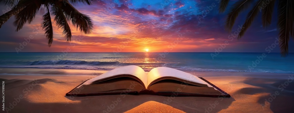 An open book on a sandy shore at sunset, palms framing the view. Pages ...