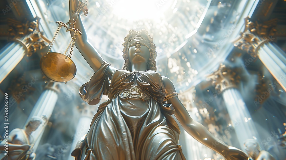 Bronze (golden) statue of the goddess Themis standing in the courtroom ...