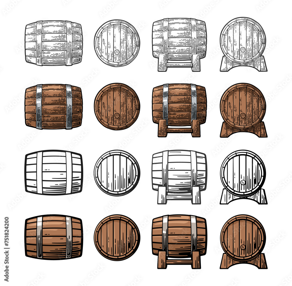 Wooden barrel with metal hoops. Color and black vintage engraving ...