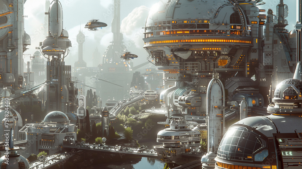 Shot of a Futuristic Self-Driving flying robot cars in sky, modern city ...