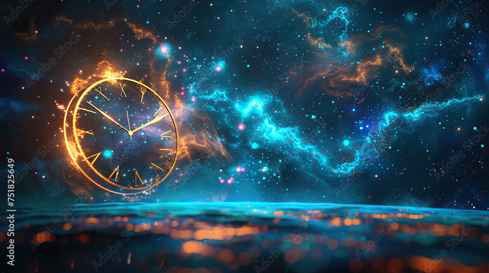 clock and time in universe ,dark neon background showing universe is a ...