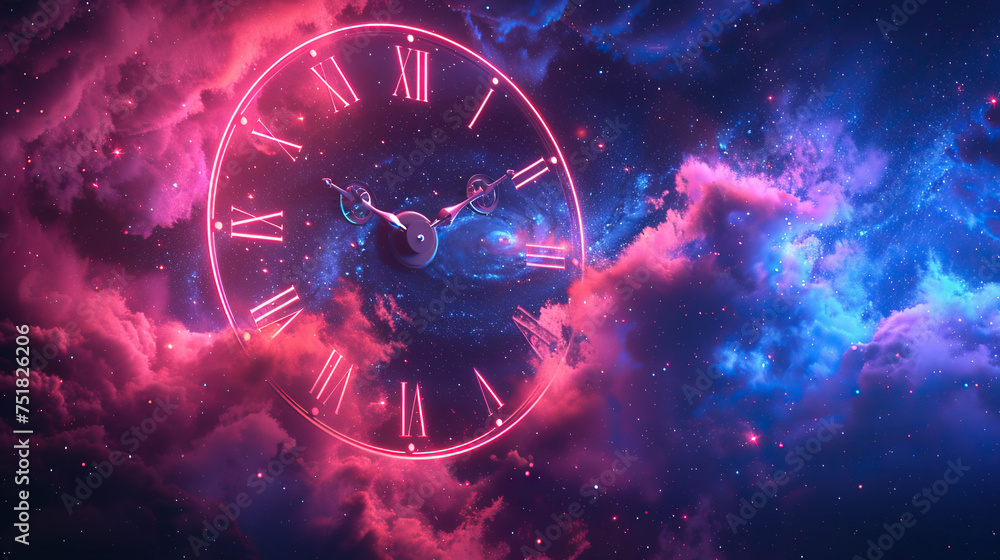 clock and time in universe ,dark neon background showing universe is a ...