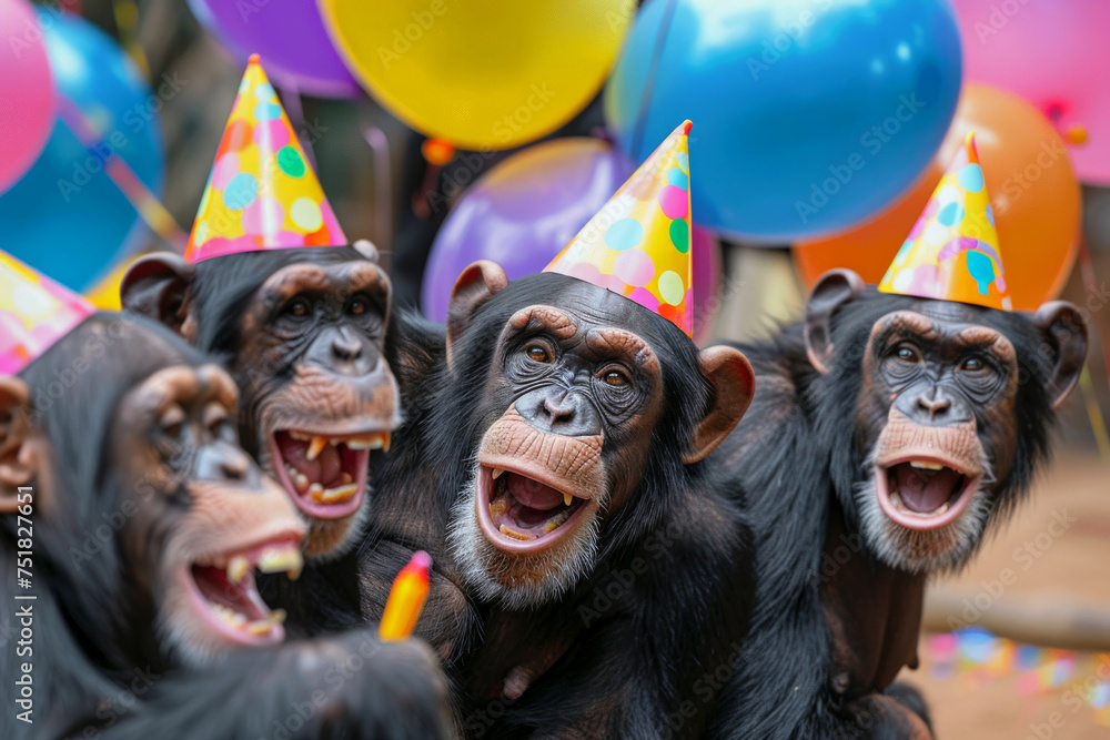 Cinematic photo of 5 funny and laughing male chimpanzees wearing ...