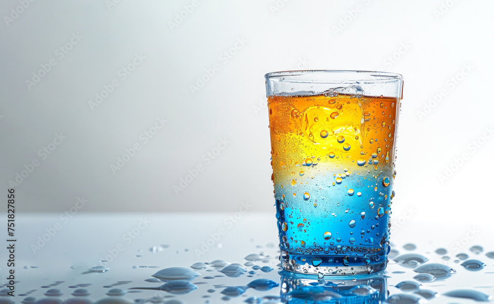 yellow drink at the bottom and blue at the top in a transparent glass ...