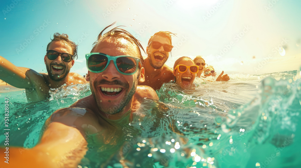 Several men are swimming in the open ocean, their bodies submerged in ...