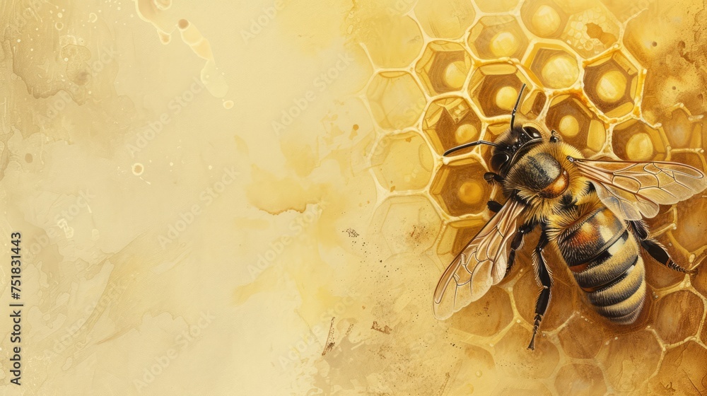 Drawn bee sitting on honeycomb, lots of honey, yellow color, pencil ...