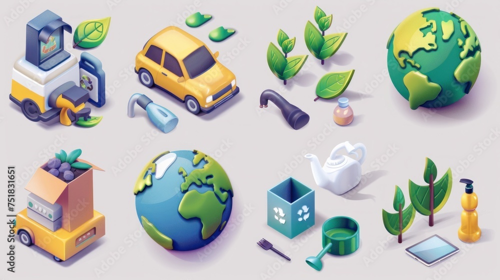 A 3D vector icon set representing various environmental elements ...