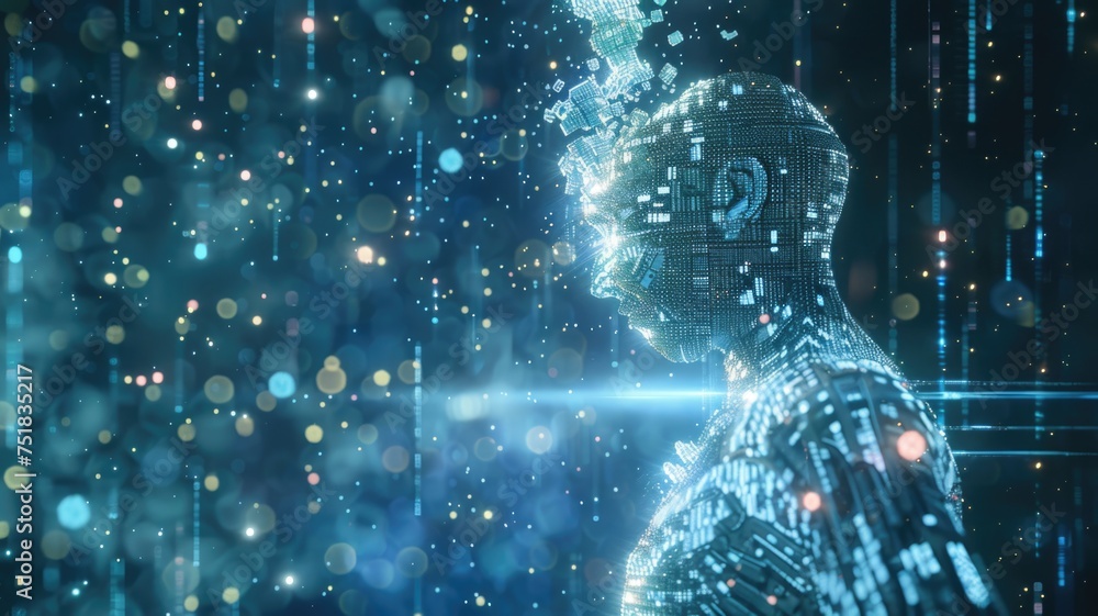 towering AI figure, glowing with power, as it absorbs fragments of a ...