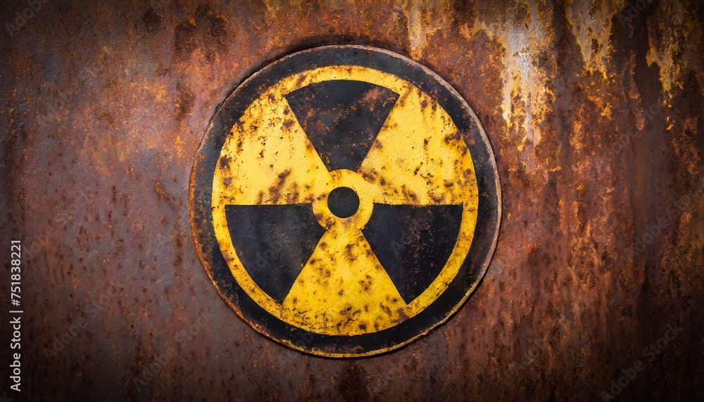 round yellow radioactive ionizing radiation danger symbol painted on a ...