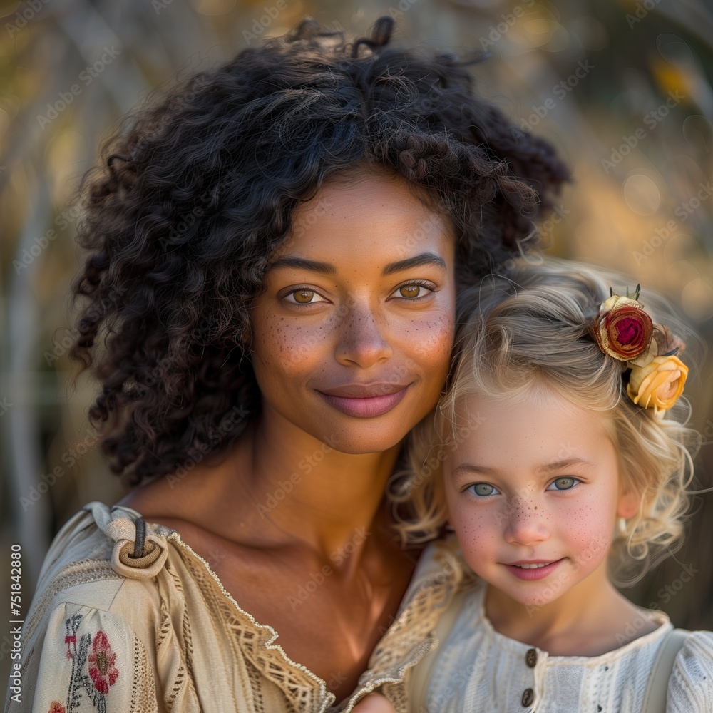 Portrait photography of African American mother hugging her beautiful adopted daughter ...