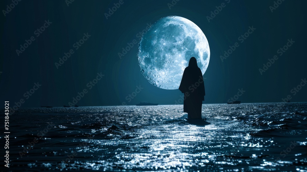 Silhouette of Jesus Christ walking on water during a full moon night ...
