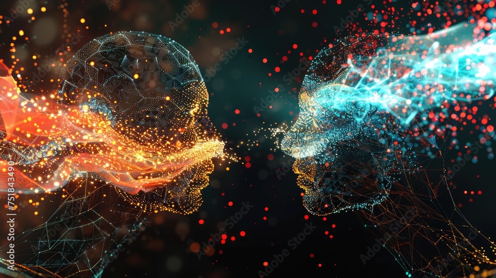 two AI forms, each bearing unique digital patterns, moving towards each ...