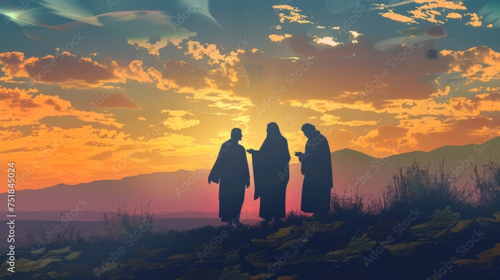 Silhouette of the disciples on the road to Emmaus meeting Jesus Stock ...