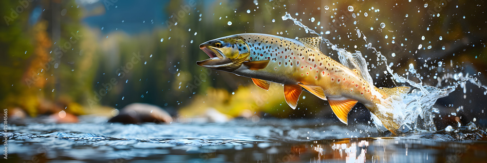 Rainbow trout jumping out of the water with a splash. Fish above water ...