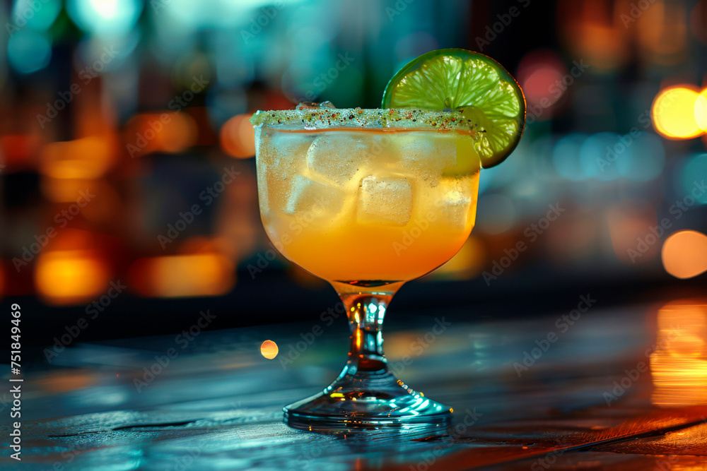 Elegant cocktail glass with alcoholic drink on the bar counter against ...