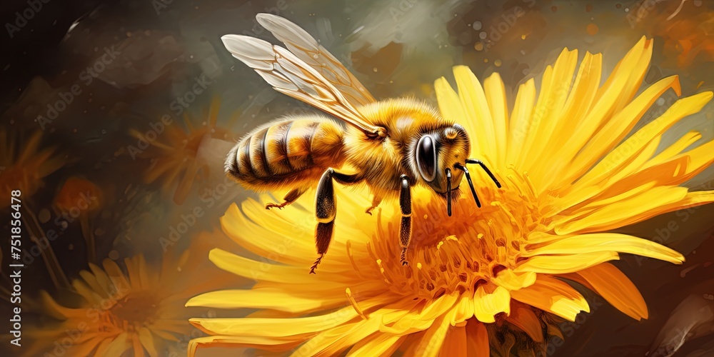 A vibrant yellow honeybee buzzes joyfully around a flower, pollinating ...