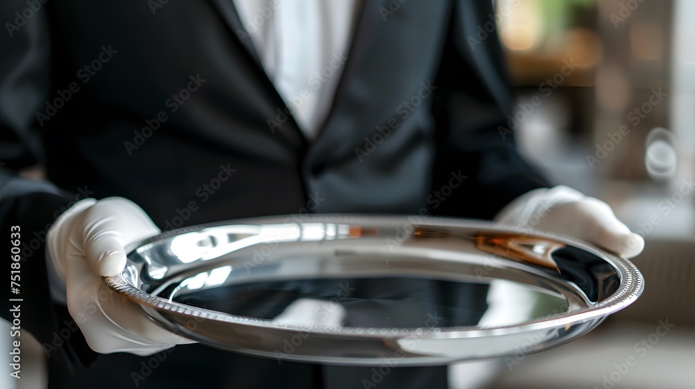 Waiter tray butler hand serve hold plate isolated white man silver ...