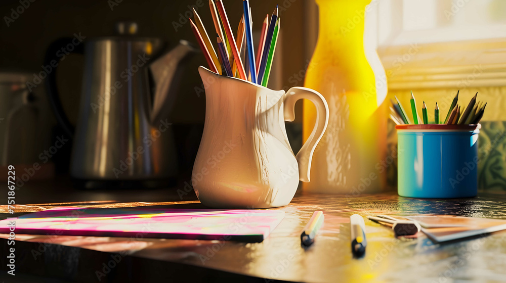 stock photo of office table in cubicle desk and stuff tools equipment ...