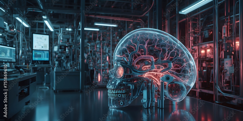 Artificial intelligence brain in factory lab for futuristic research, technology innovation and ...