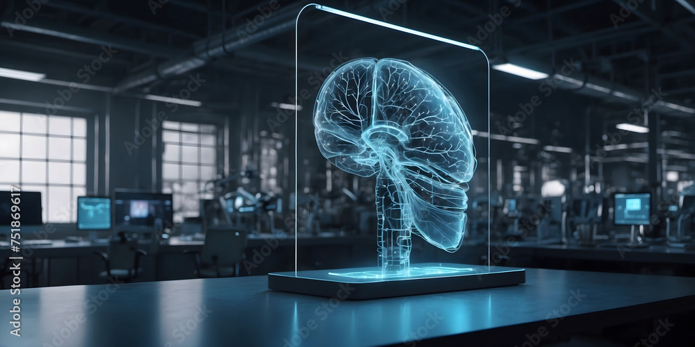 Artificial intelligence brain in factory lab for futuristic research, technology innovation and ...
