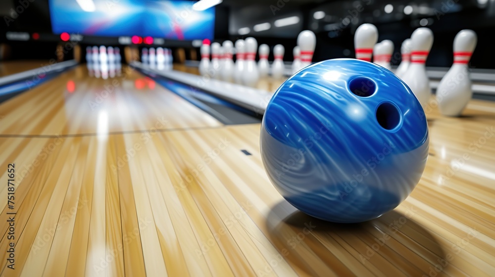 Motion blurr of a bowling alley. A dynamic scene A blue bowling ball ...