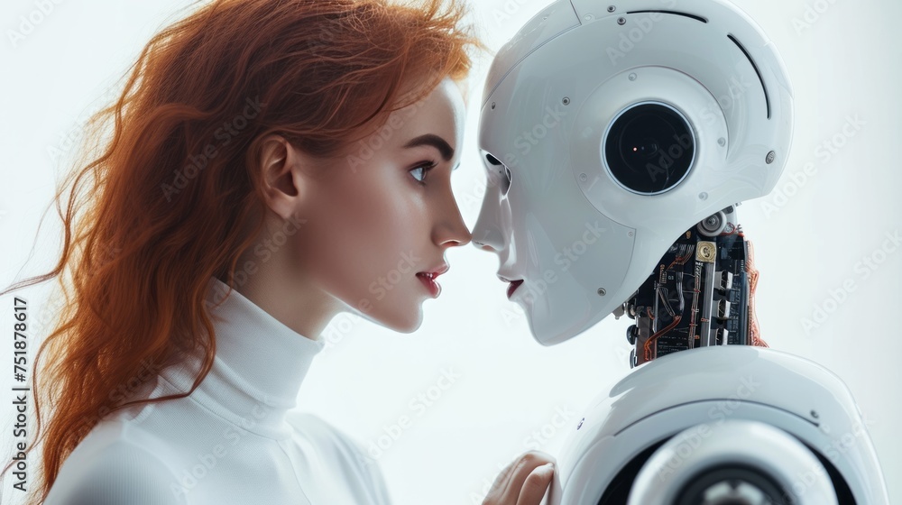 AI and human love concept. Ginger hair woman and artificial intelligence in romantic ...