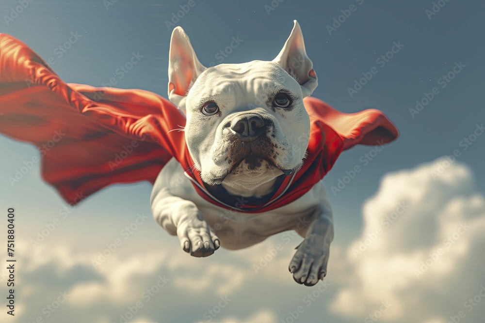 Heroic 3D superhero dog flying against a sky-high backdrop ...