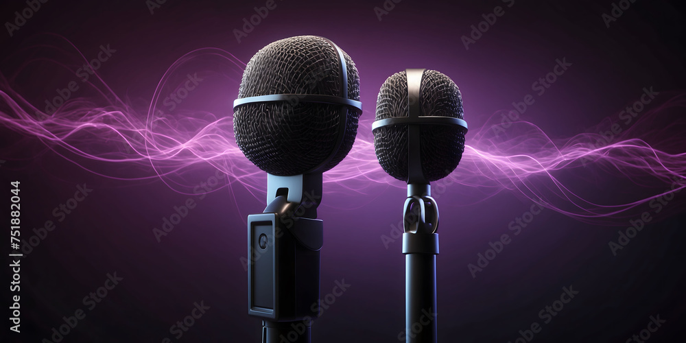 Microphone on stage with sound waves coming out of it, plain studio ...