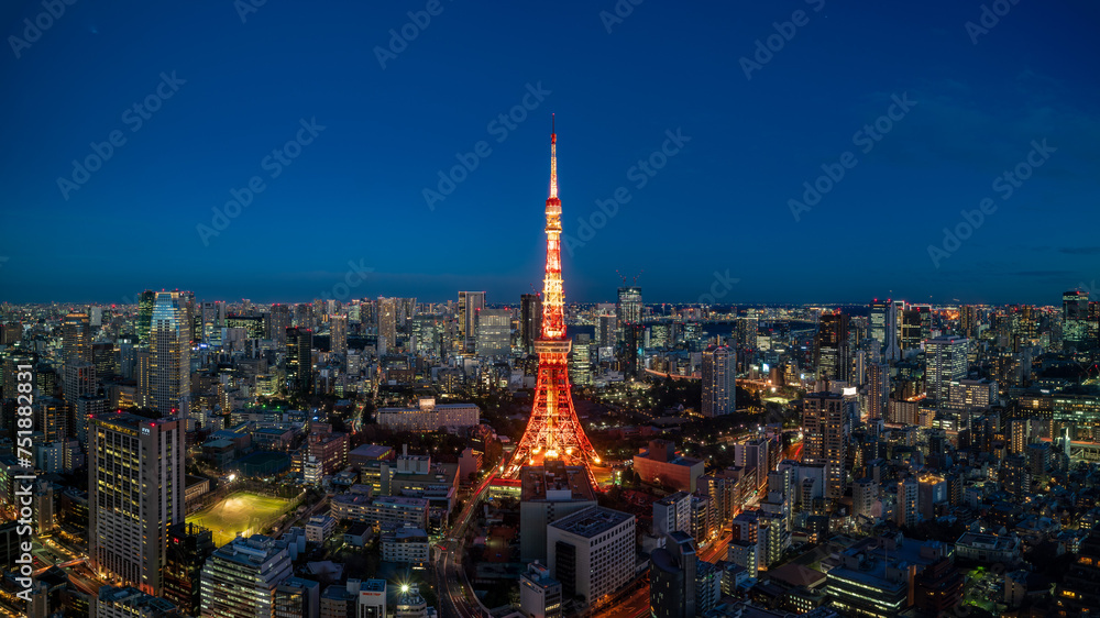 Tokyo, Japan - February 24 2024: Panoramic view of Tokyo tower and Tokyo central area city view ...