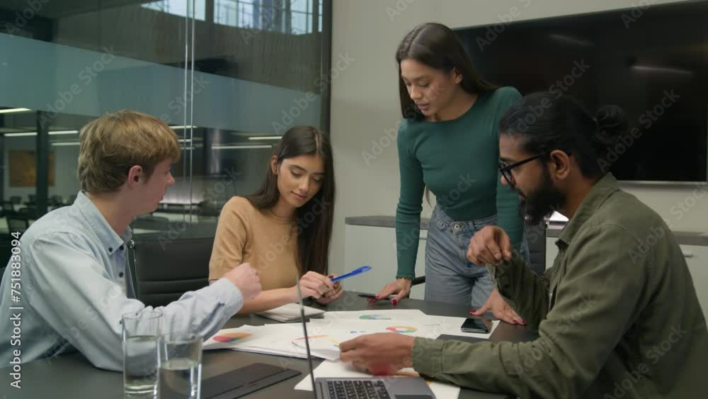 Multiracial businessmen businesswomen colleagues sit at conference ...