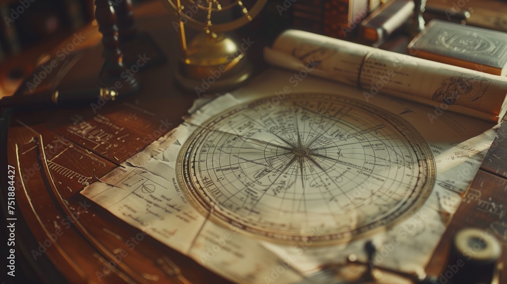 Vintage astrolabe on old map with books and brass instruments Stock ...