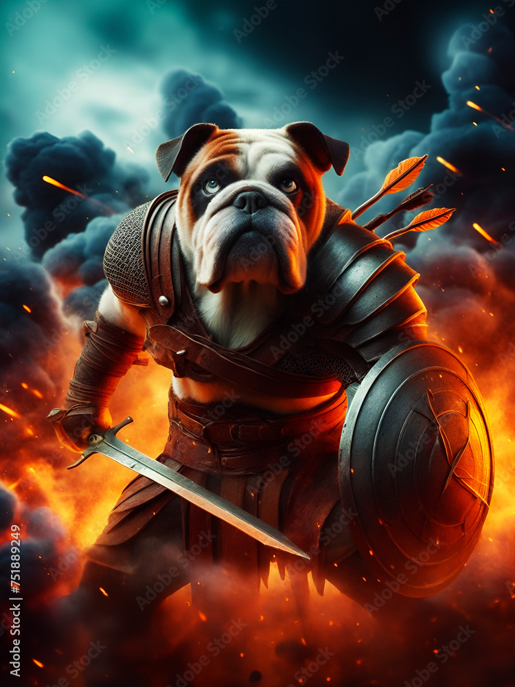 portrait of anthropomorphic bulldog as a fighter with sword, cool dog ...