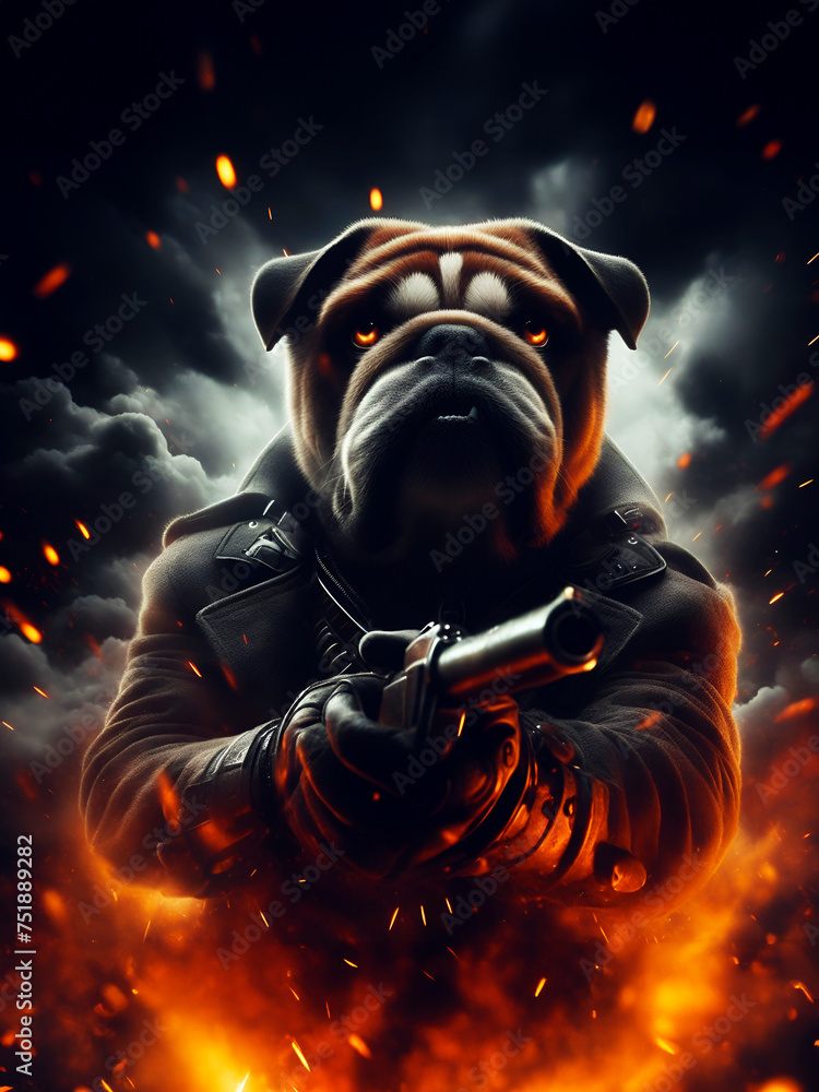 portrait of anthropomorphic bulldog as a fighter with gun, cool dog as ...