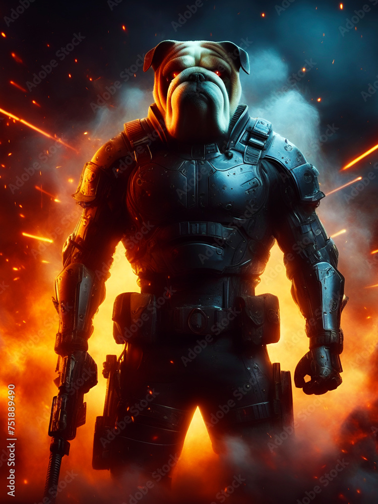 anthropomorphic bulldog as a knight in armour, cool dog as soldier, a ...