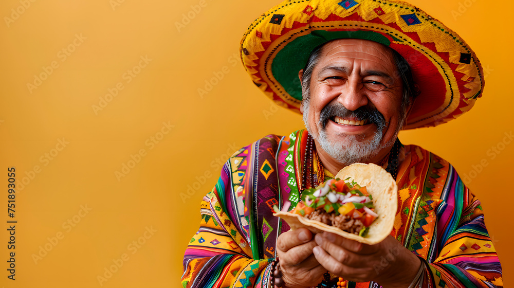 Happy Mexican man in his 50's in traditional dress eating a taco ...