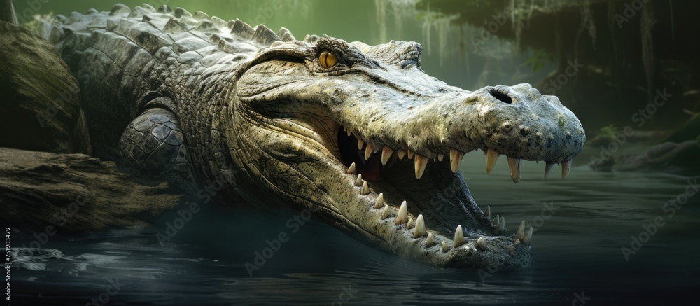 A massive alligator in the water displaying its powerful jaws as it ...