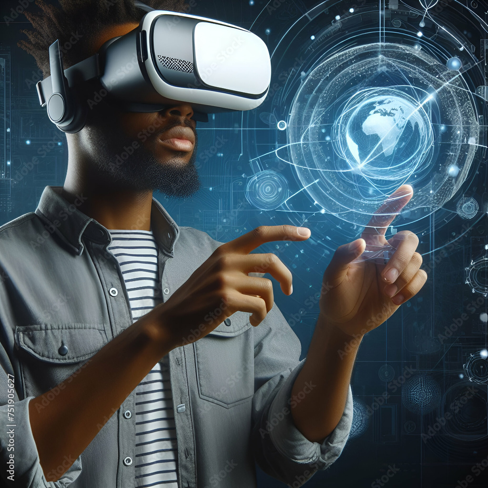 Portrait of a Black Man Wearing a Augmented Virtual Reality VR Headset ...