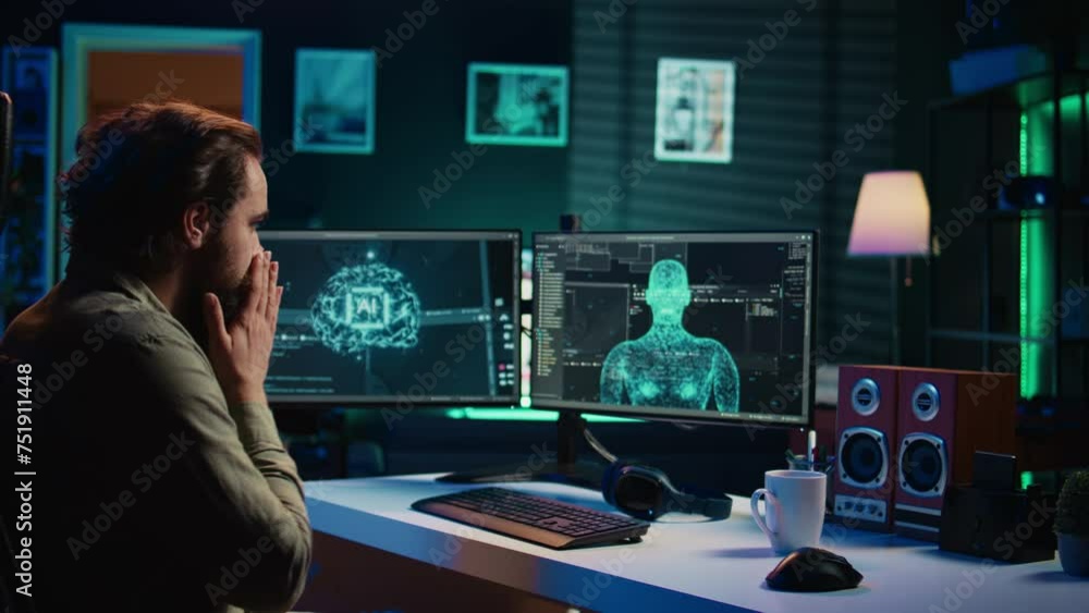 Self aware AI gaining humanoid form inside cyberspace, waving hand ...