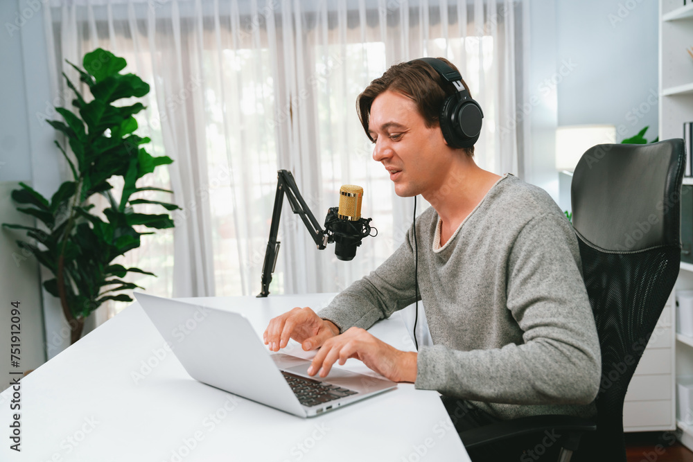 Host channel in smiling smart broadcaster recording, talking show with ...