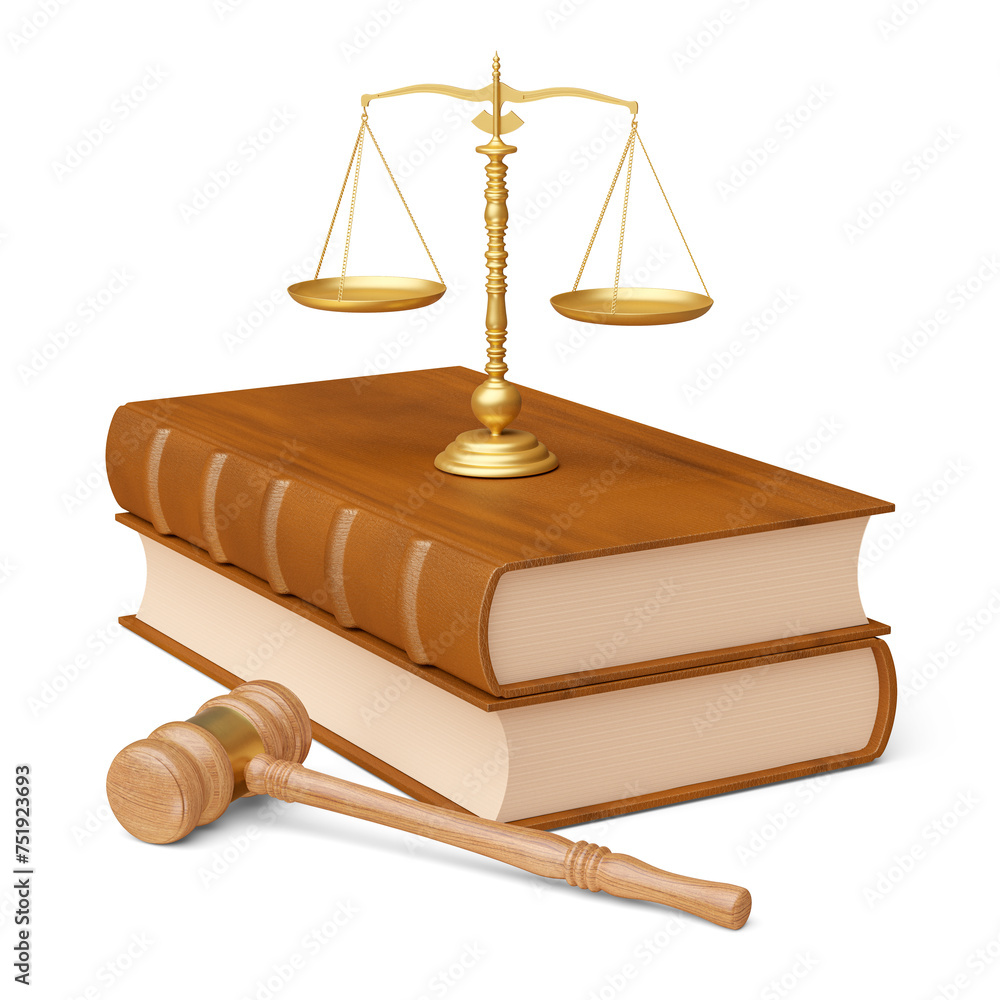 Stack of Law Books with Golden Scales and Gavel in 3d render with ...