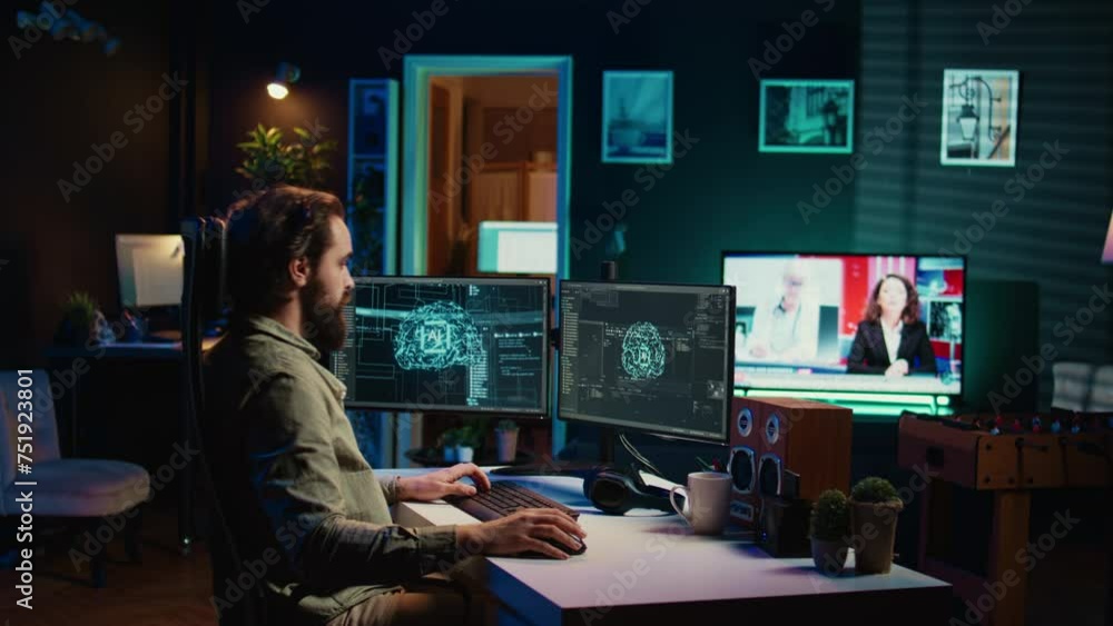 Developer inserting disk into PC containing conscient AI waving hand, saluting creator. IT admin ...