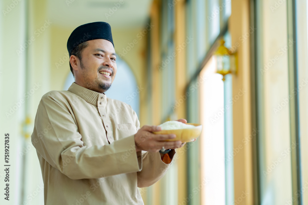 Ramadan Zakat Muslim Hands Are Holding A Wooden Bowl Of Rice Grains