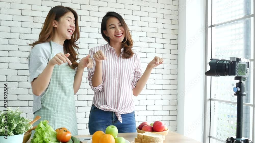 Two Asian influencer vlogger live review healthy lifestyle together ...