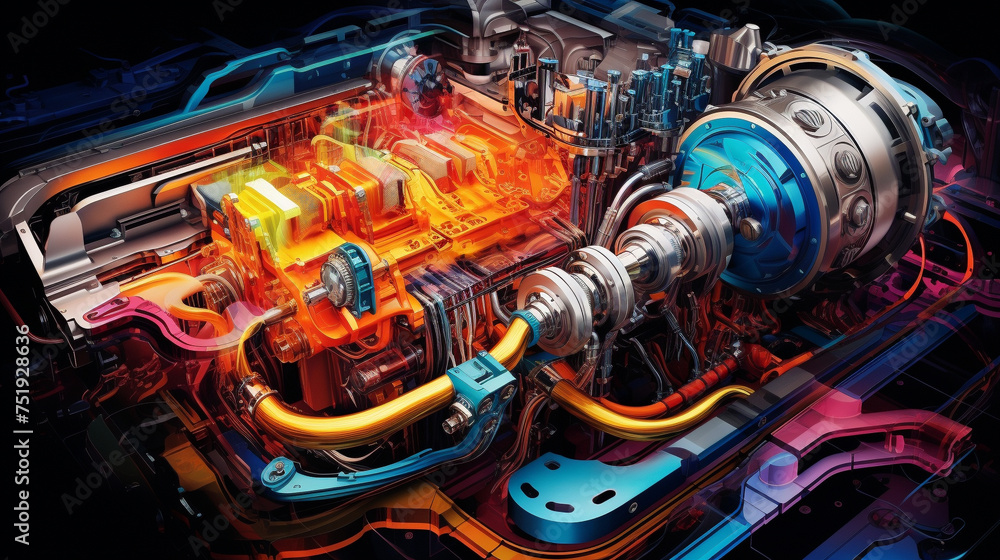 Ultradetailed crosssection of a car engine in operation revealing the ...