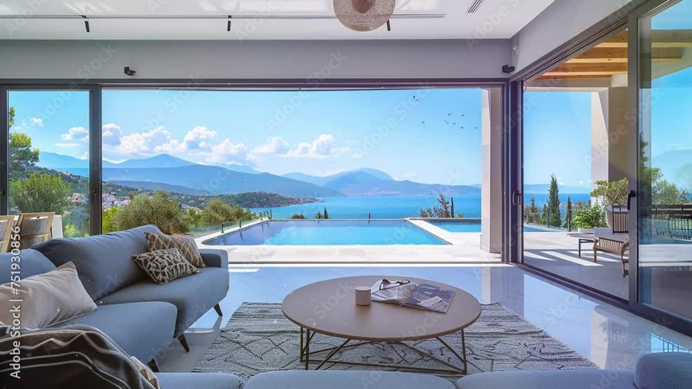 panoramic window villa with blue sea views. amazing nature view with ...